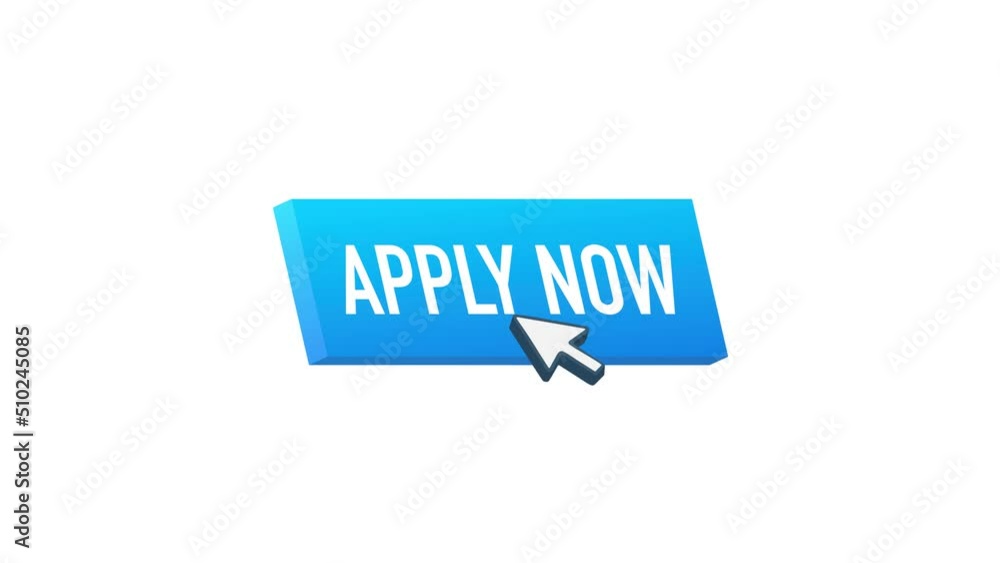 3d icon with blue apply now button on yellow background. 3d . Pointer ...