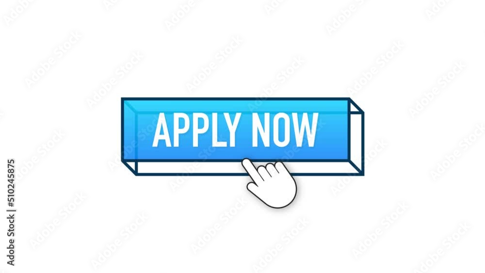 3d icon with blue apply now button on yellow background. 3d . Pointer ...