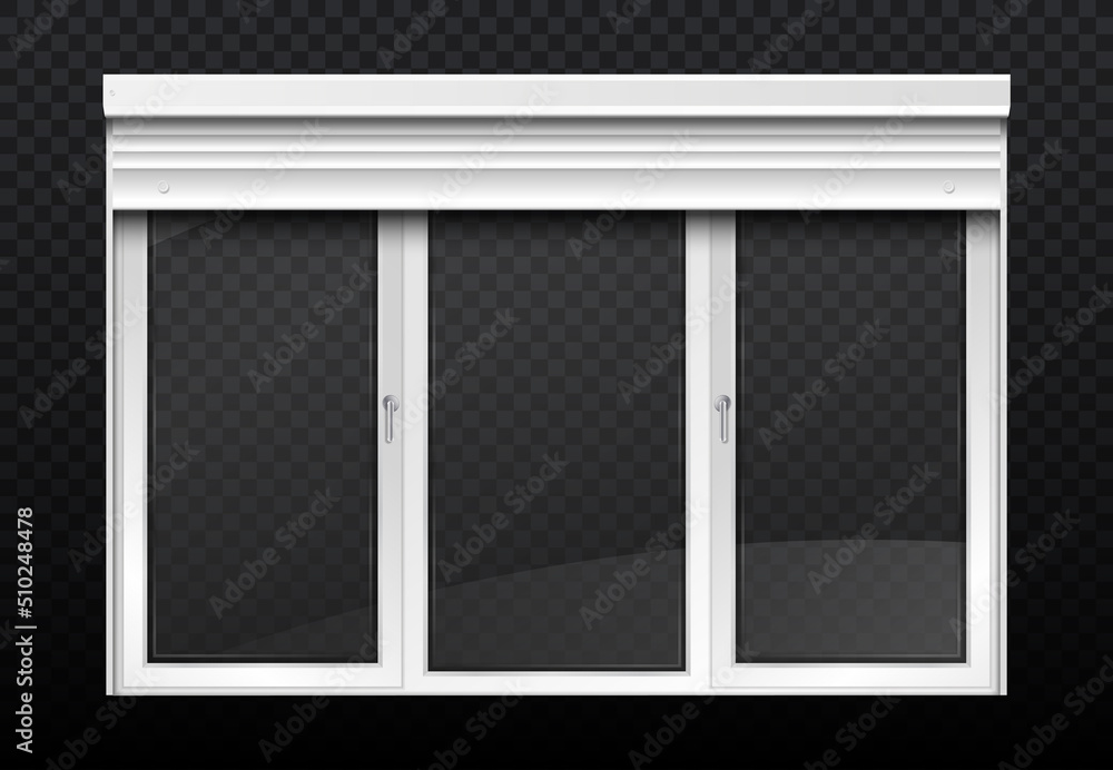 Double window with roller. Windows with blinds and jalousie, reflection ...