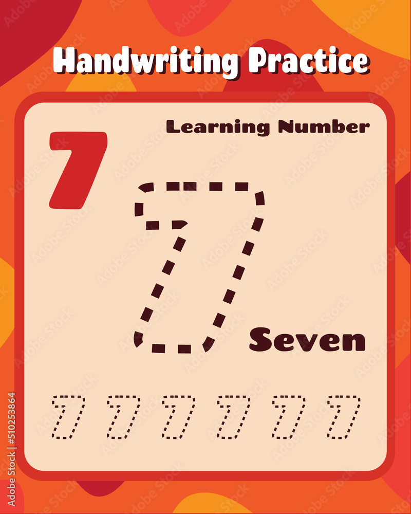 Number 7 handwriting trace practice worksheet for preschool kids ...