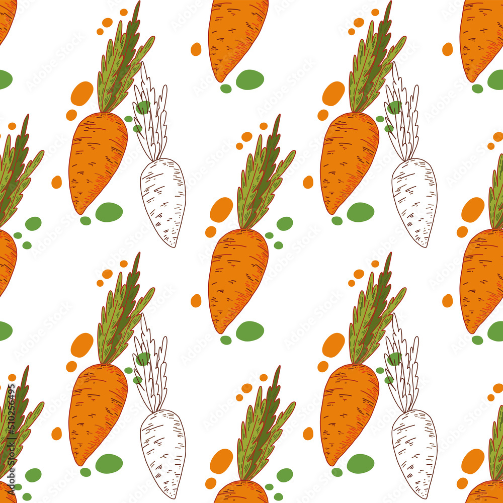 Seamless pattern of bright orange carrots and carrots drawn with a ...