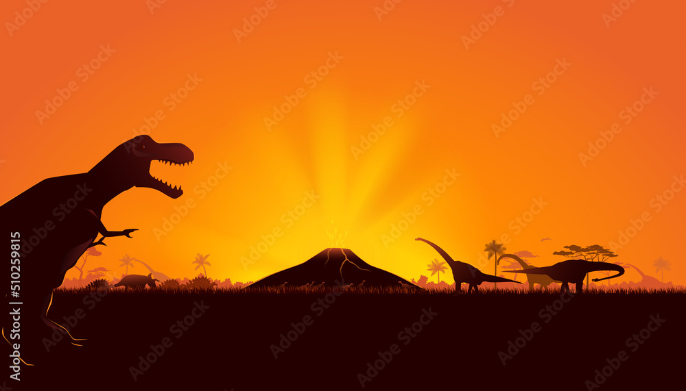 Vector illustration of dinosaurs with volcano background. The ...