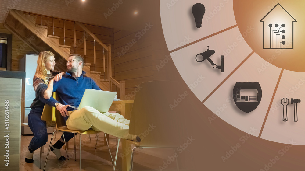 Smart home. Man and woman in cottage. Control your smart home from ...