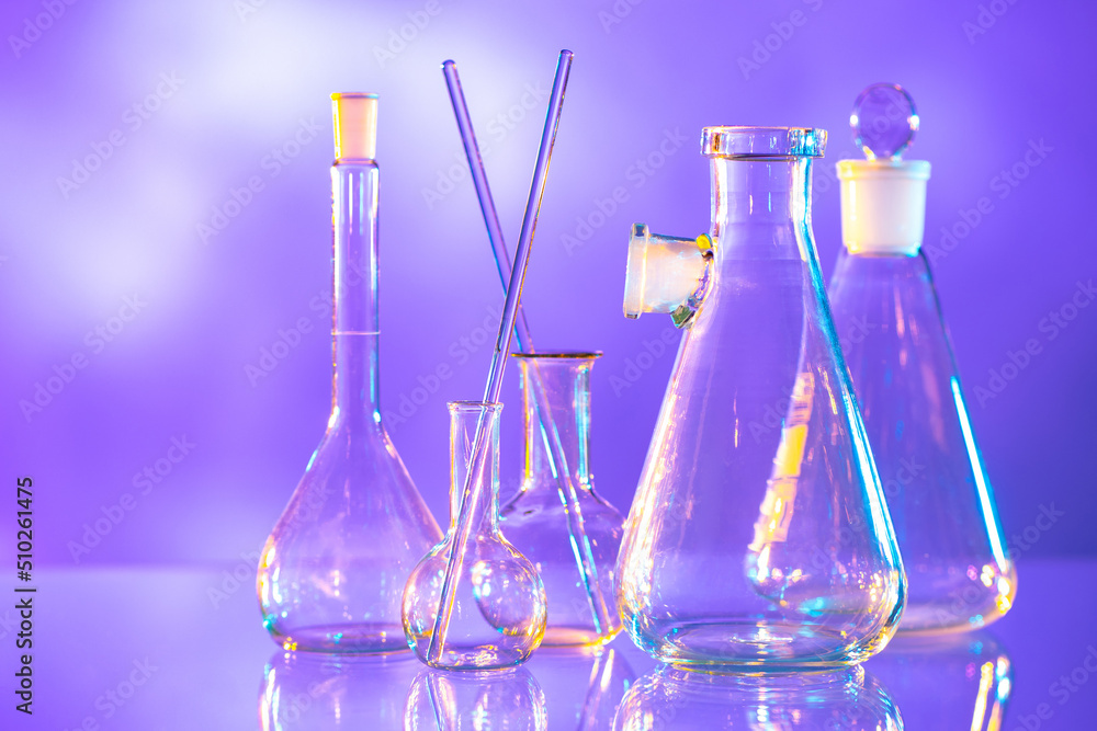 Laboratory test tubes. Flasks on table. Test tubes for medical research ...