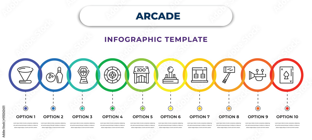 arcade infographic design template with paraplane, bowling, lottery ...