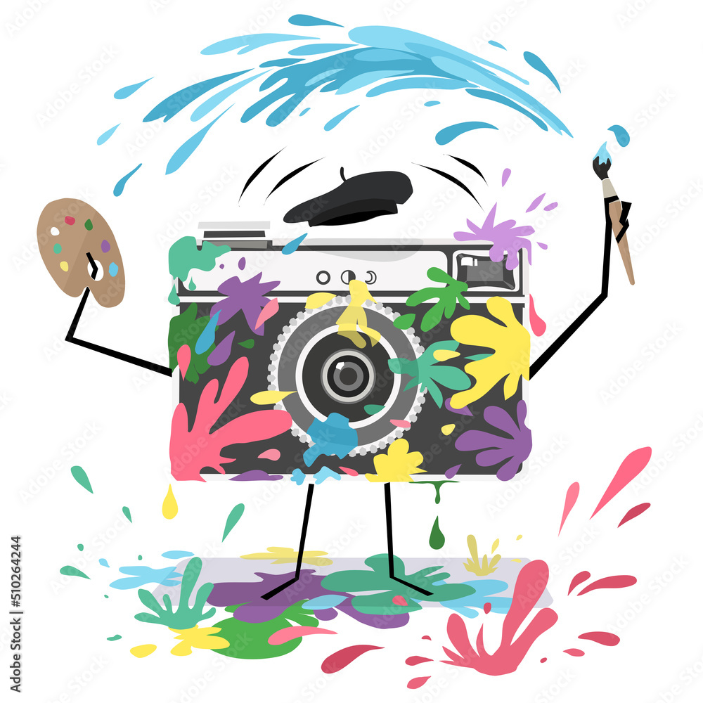 A retro instamatic camera as a fun, creative artist character in a mess ...
