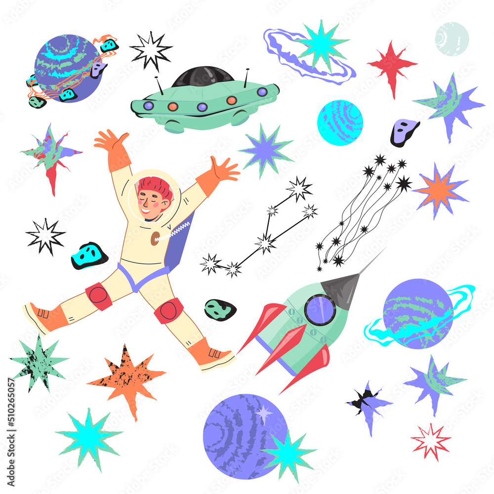 Space icons set with funny child astronaut in spacesuit with rocket and ...