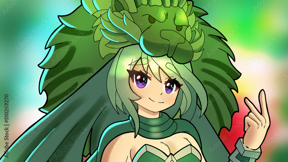 A cute anime girl with a raised hand drawn in a green lion hat, long ...