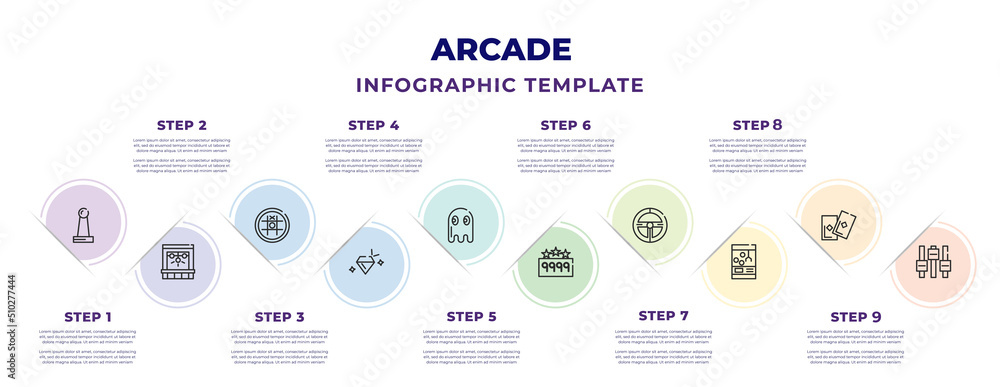 arcade infographic design template with chess, concert, tic tac toe ...