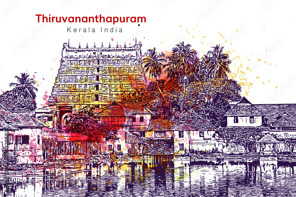 Kerala vector Thiruvananthapuram Padmanabhapuram Temple vector hand ...