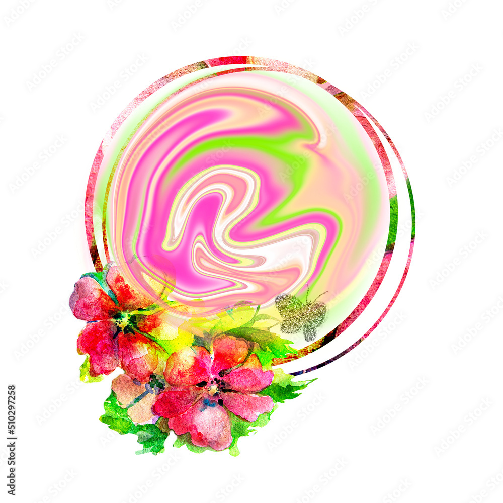 Round abstract drawing of red watercolor flowers. Sublimation frame ...