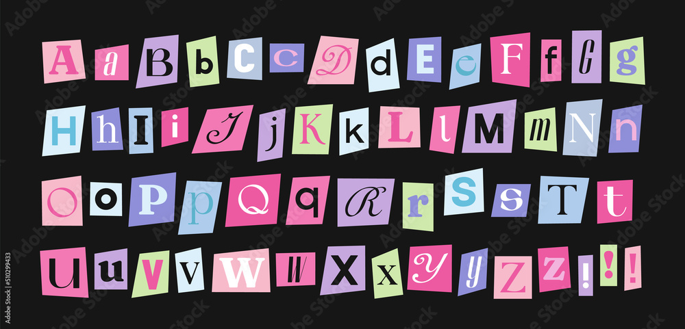 Hand drawn alphabet. Letters on pieces of paper in different colors ...