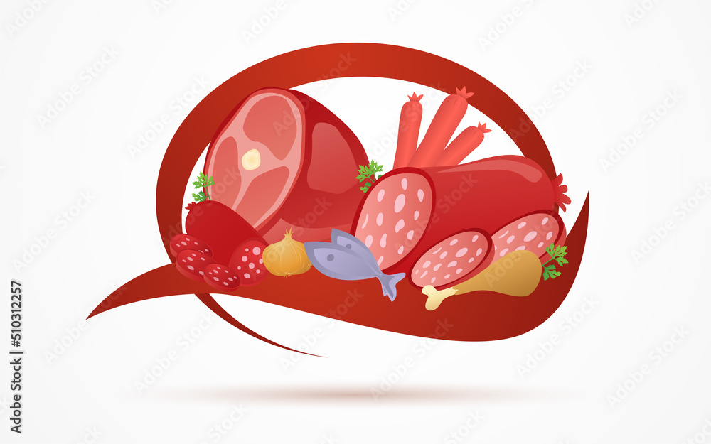 butchery product logo. red frame with meat, salami, sausage, bologna ...