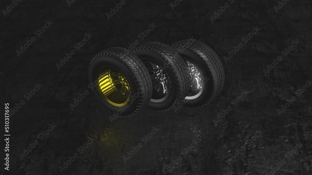 Ready to use 4k loop video background with wheels and tires on wet dark ...