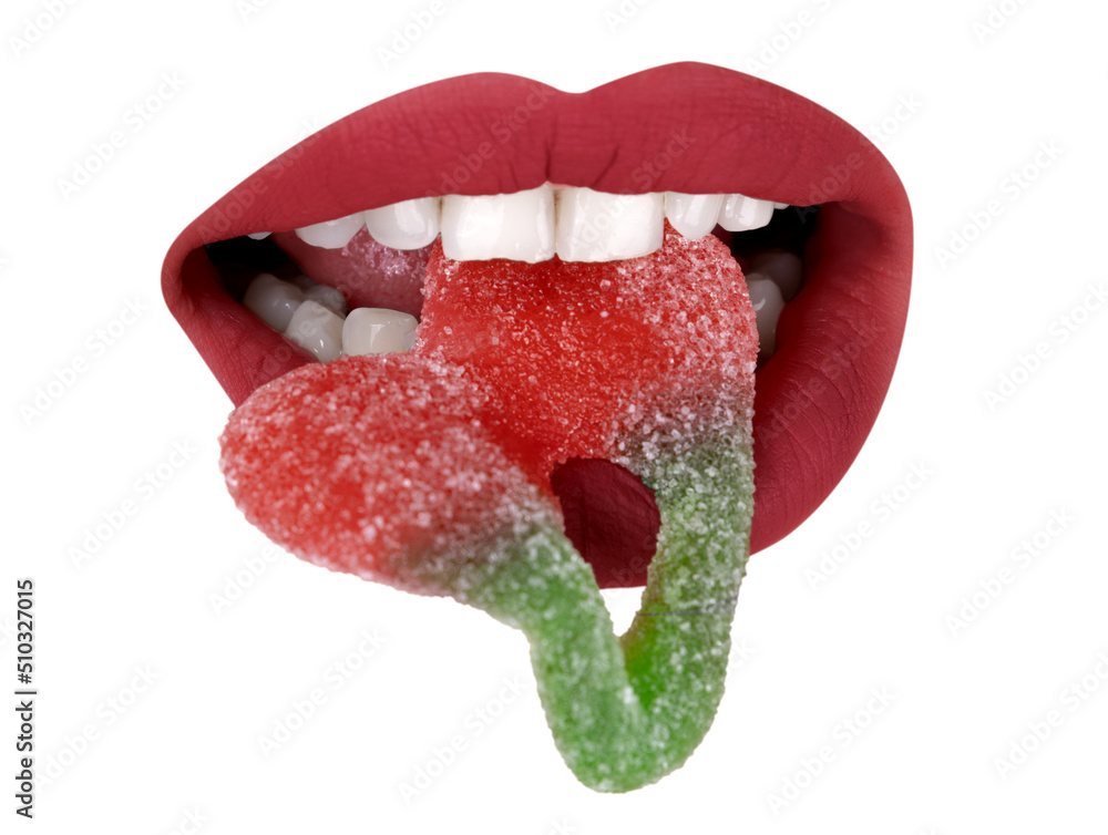 Cutout of womans full red lips with candy sweets Stock Photo | Adobe Stock