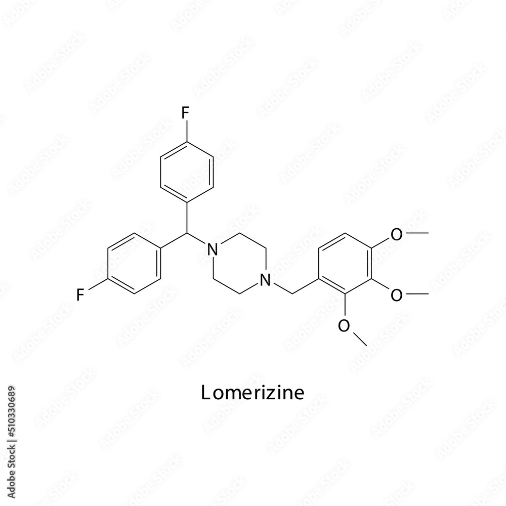 Lomerizine molecule flat skeletal structure, Diphenylpiperazine CCB ...
