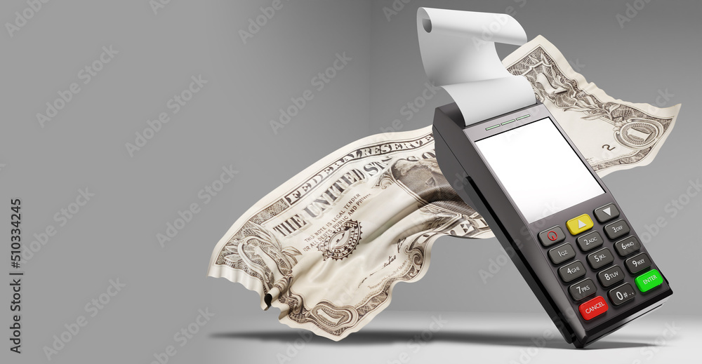 POS terminal. Cash register with check tape. One dollar bill next to ...