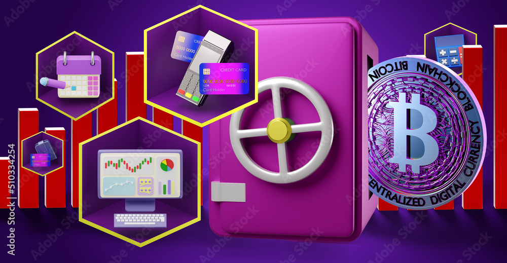 Financial services. Symbols of banking services. Purple background with ...