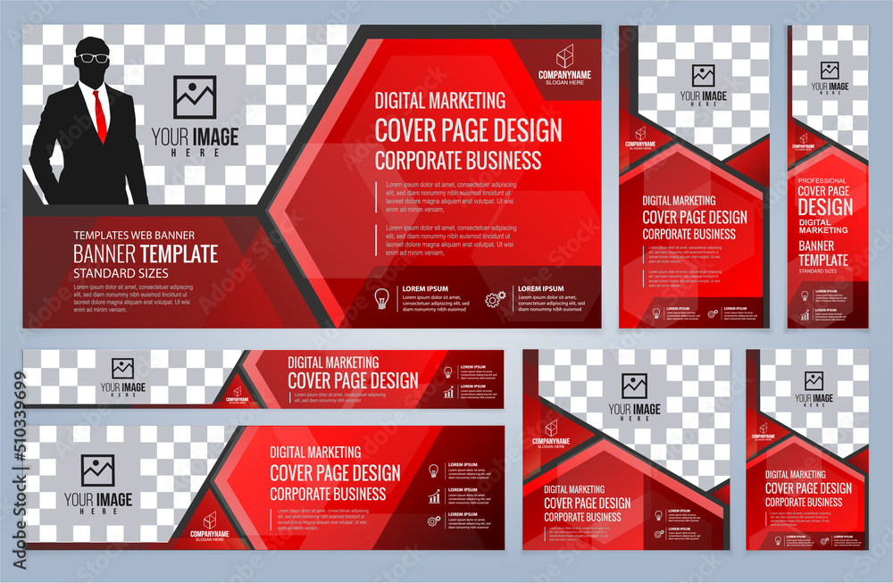 Set of Red Web banners templates, Coverpage Standard sizes with space ...