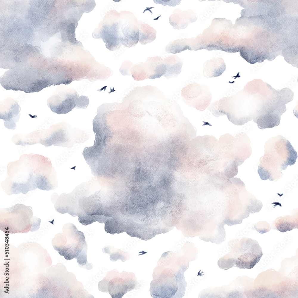 Watercolor hand drawn seamless pattern with delicate illustration of ...