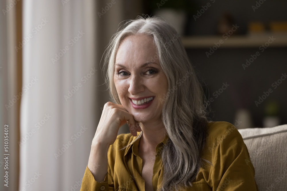 Portrait of beautiful hoary mature woman, natural beauty concept. Happy ...