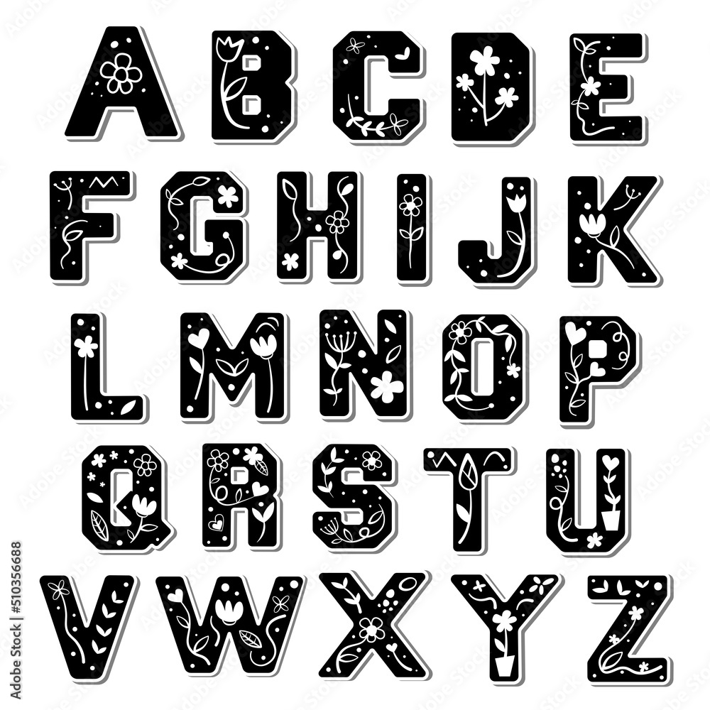 Cute uppercase alphabet with doodle flowers, leaves and dots on white ...