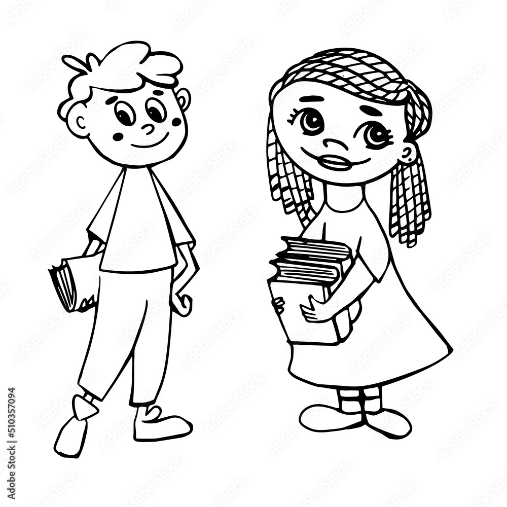 Coloring book, happy children set. Children are reading. Cartoon kids ...