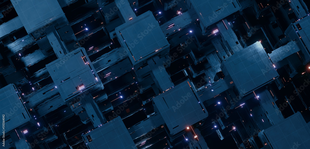 3D Rendering of abstract blocky shape with glowing led lights. Concept ...