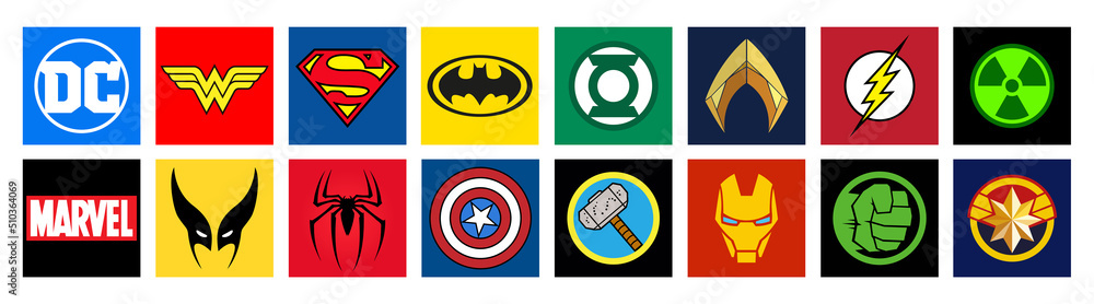 Logos Icon of the most famous superheroes DC Marvel, Wonder Woman ...