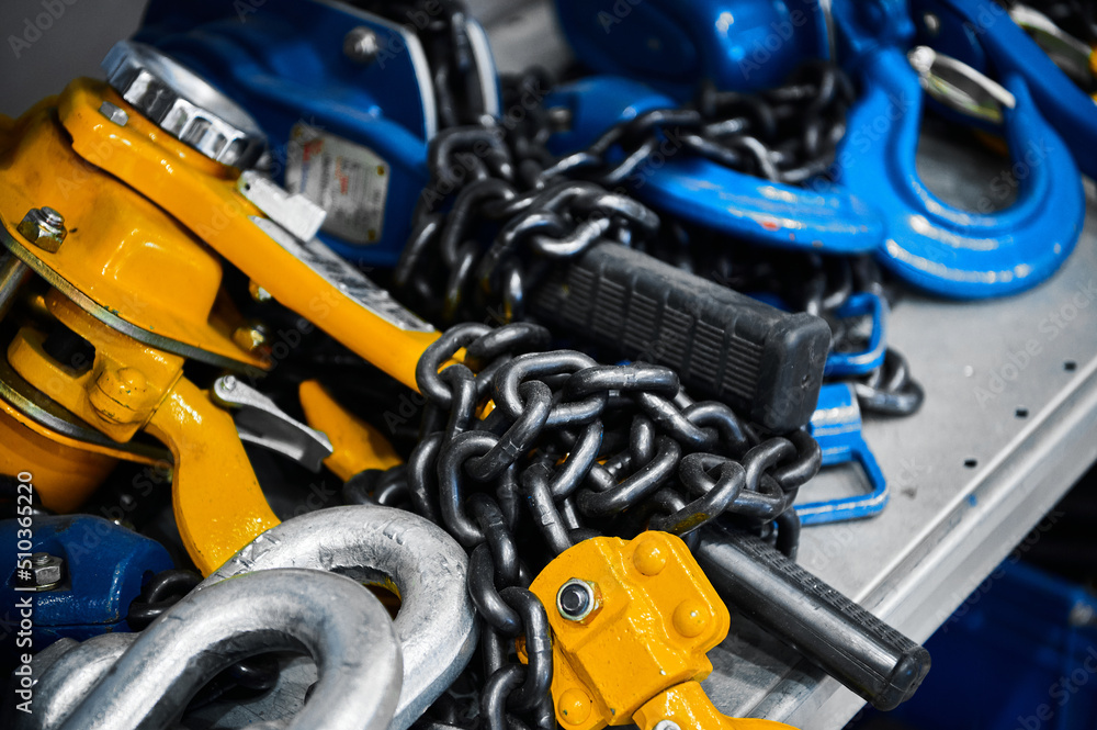 Different rigging equipment on table in light workshop Stock Photo ...