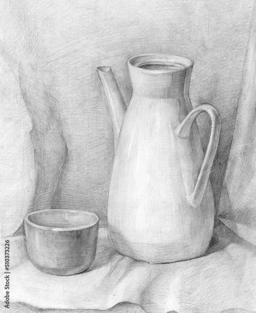 Pencil drawing. Hand drawn still life. White teapot with cup. Stock ...