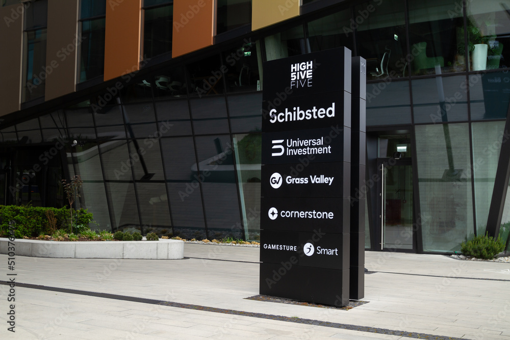 High5ive business center pylon with logo signs. High 5ive office buildings complex at Pawia ...