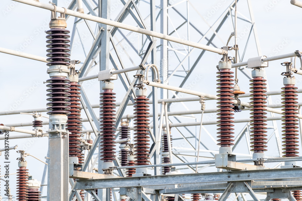 Many high voltage electrical insulators in power substation ,Energy ...