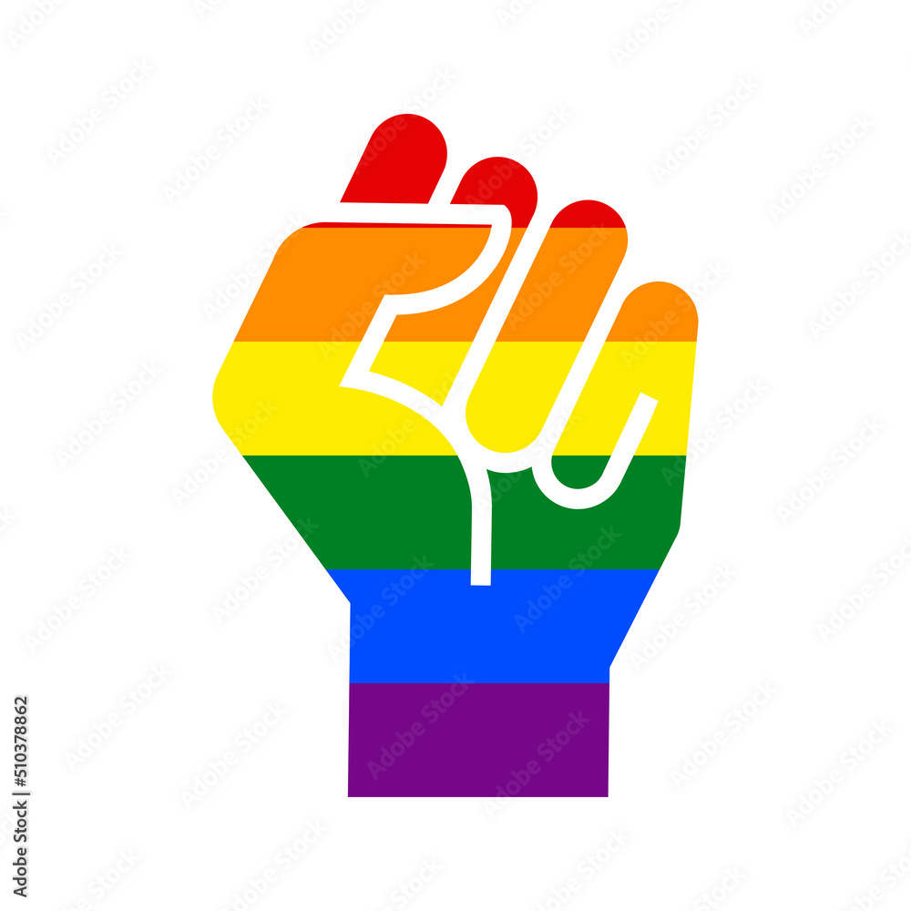 Mano con puño levantado color arco iris. Bandera lgbt. Vector para ...