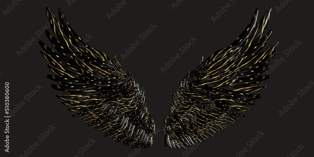 Pair of beautiful black wings isolated on gray background. 3d ...