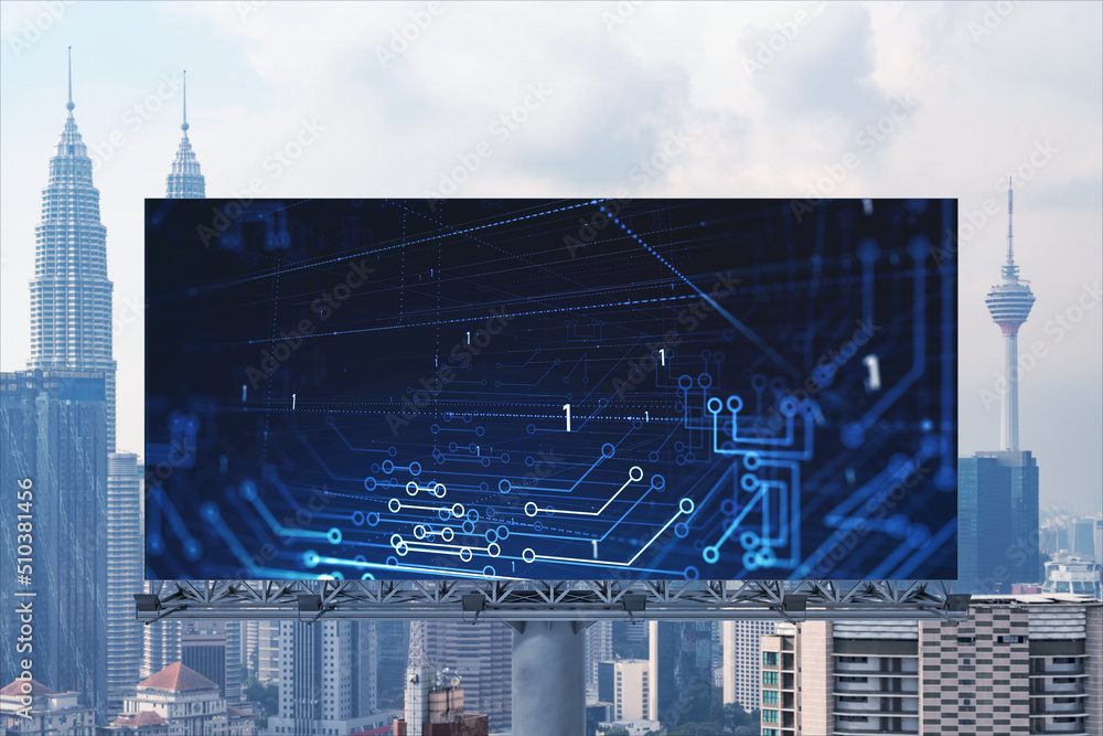 Technology hologram on billboard over panorama city view of Kuala ...