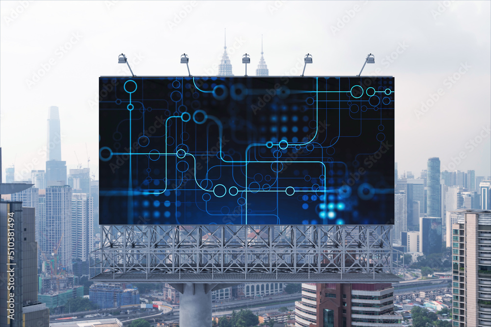 Technology hologram on billboard over panorama city view of Kuala ...