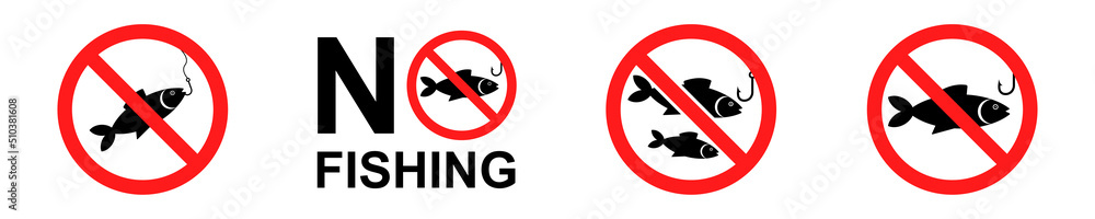 No fishing - forbidden sign. Vector set with prohibited fishing icons ...