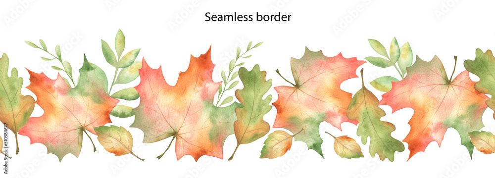 Watercolor fall leaves seamless pattern. Border with forest plants ...