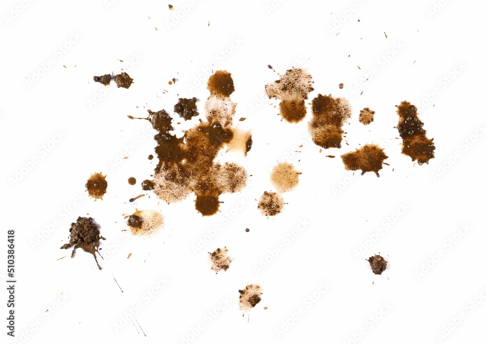 Wet mud, stains and drops texture isolated on white, top view and ...