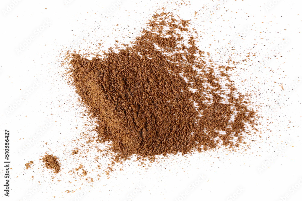 Pile ground, milled nutmeg powder isolated on white, top view Stock ...