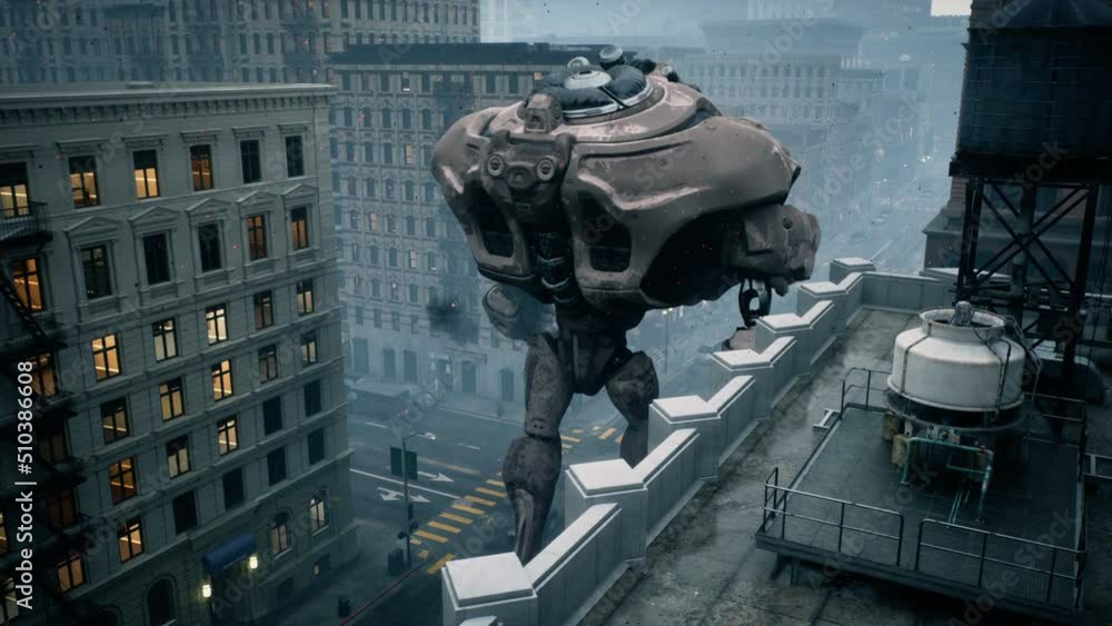A giant robot walks through a smoke-filled modern city Apocalyptic ...