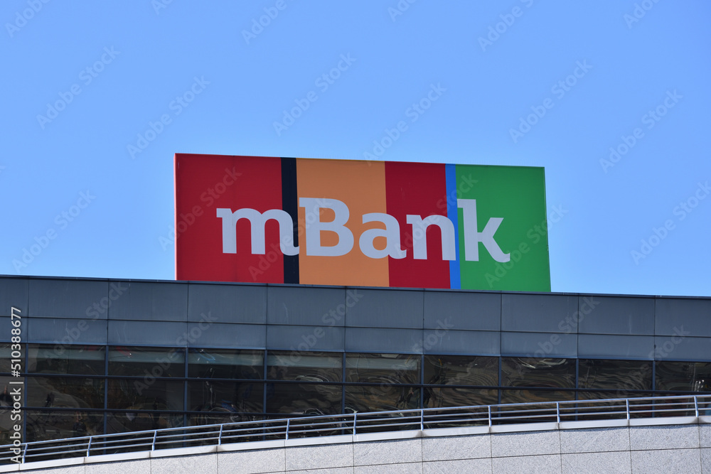 mBank logo, signage on the facade of the bank. WARSAW, POLAND - MARCH ...