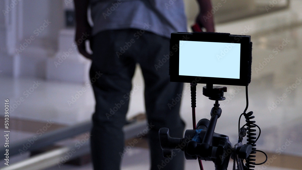 Behind the scenes of film or video production monitor in tv commercial ...