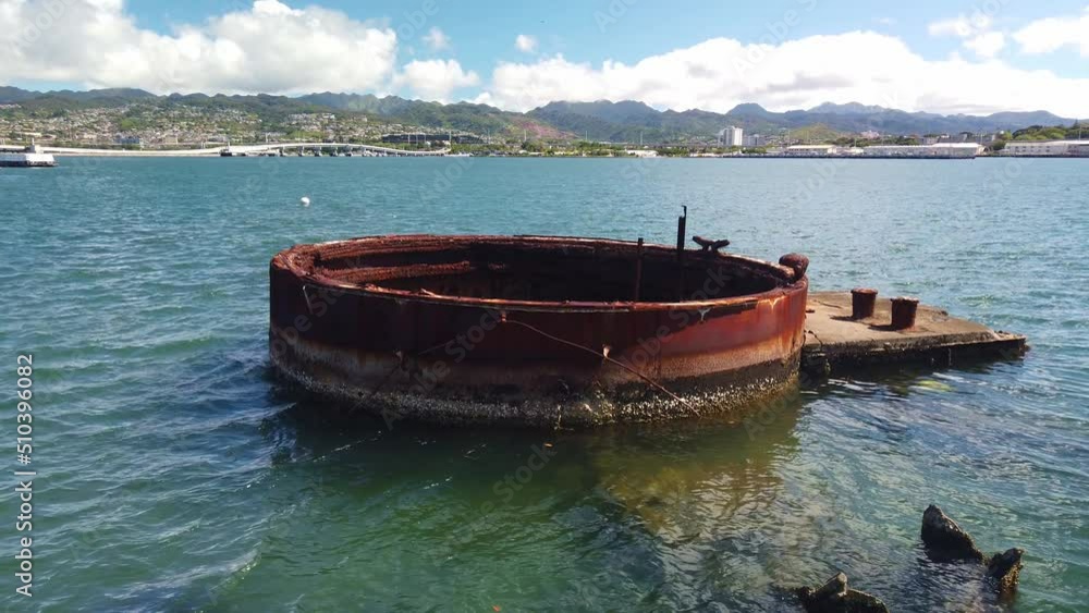 Static close-up shot of the decaying smoke stack of the sunken World ...