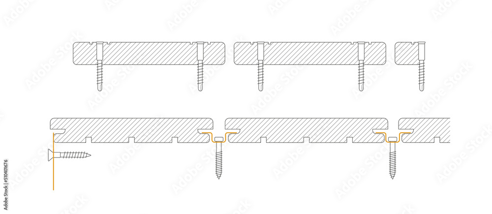 Cross section of screws screwed into a wood. Sketch technical vector ...
