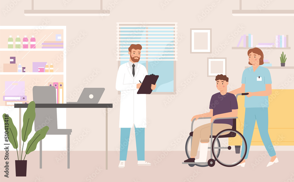 Doctor visit. Man on wheelchair having appointment with medical worker ...