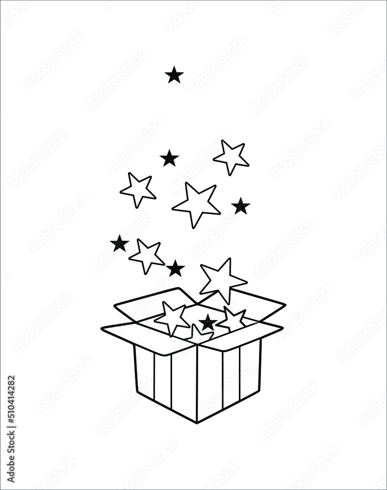 Black and white contoured cartoon box with gifts and a starfall ...