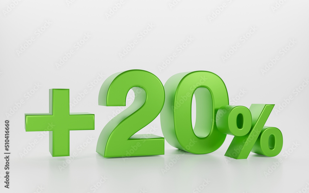3D plus 20 percent isolated on white background. twenty green and plus ...