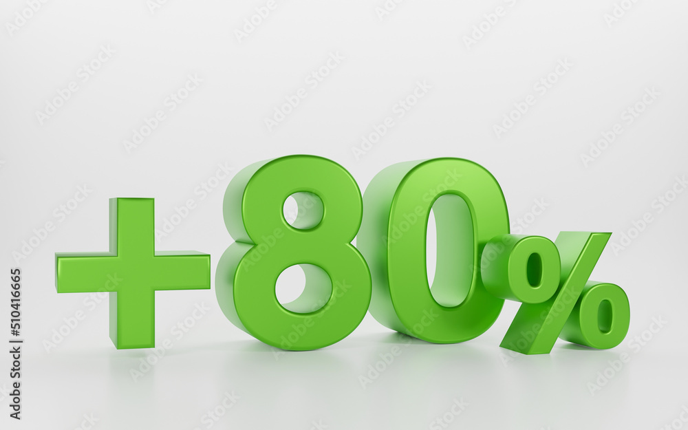 3D plus 80 percent isolated on white background. eighty green and plus ...